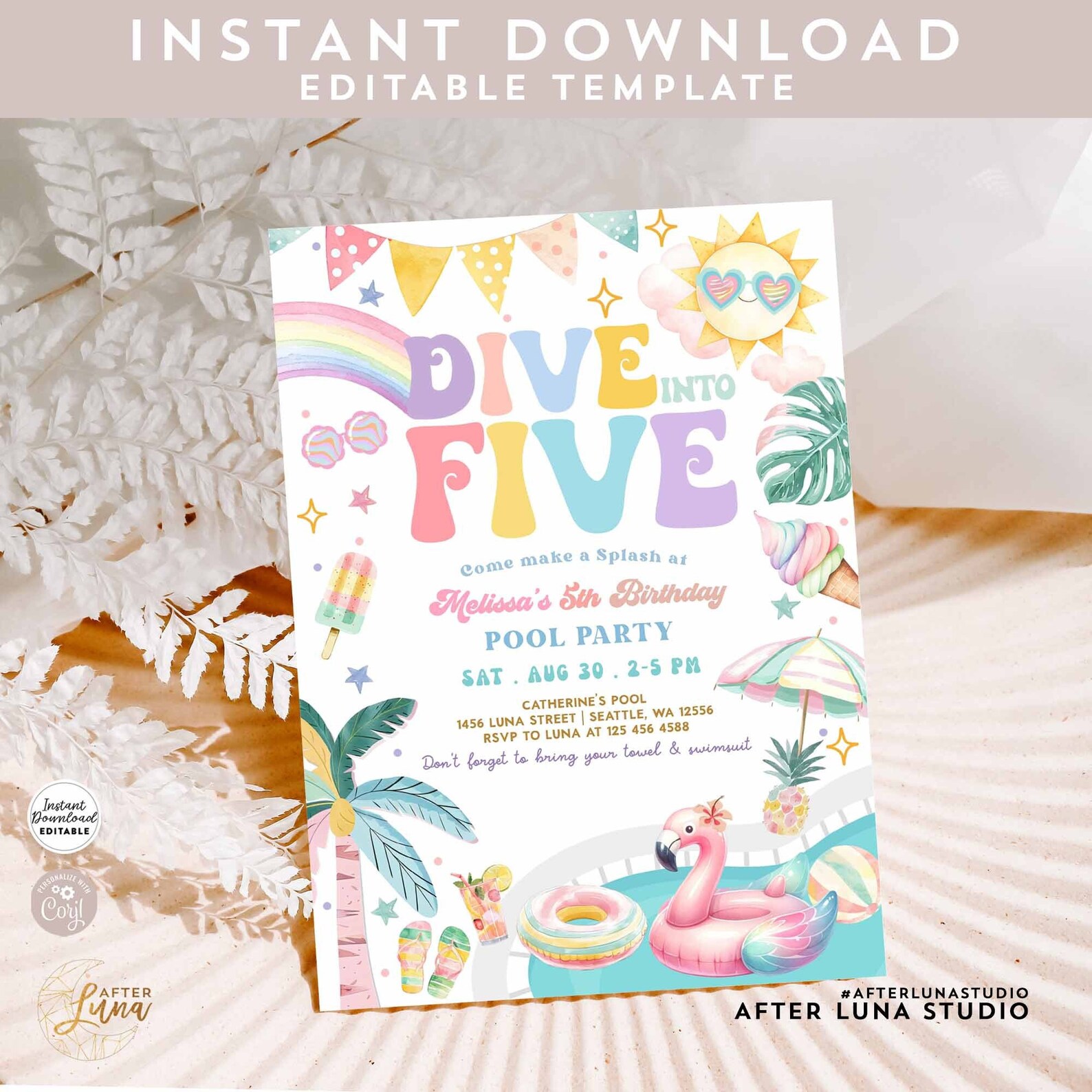 Editable Dive Into FIVE 5th Pool Party Birthday Invitation Girly Pool ...