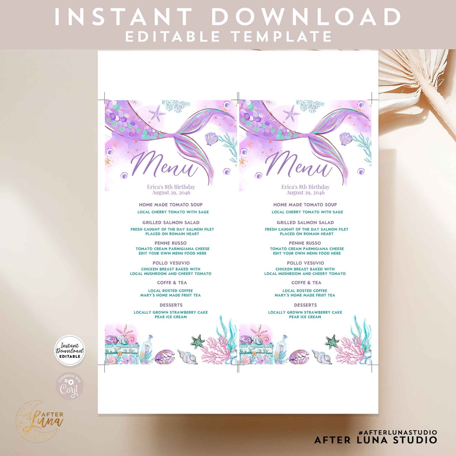 Editable Purple Mermaid Under the Sea Oneder the Sea Menu - Etsy