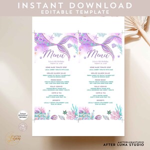 Editable Purple Mermaid Under the Sea Oneder the Sea Menu 4x8" Birthday ...