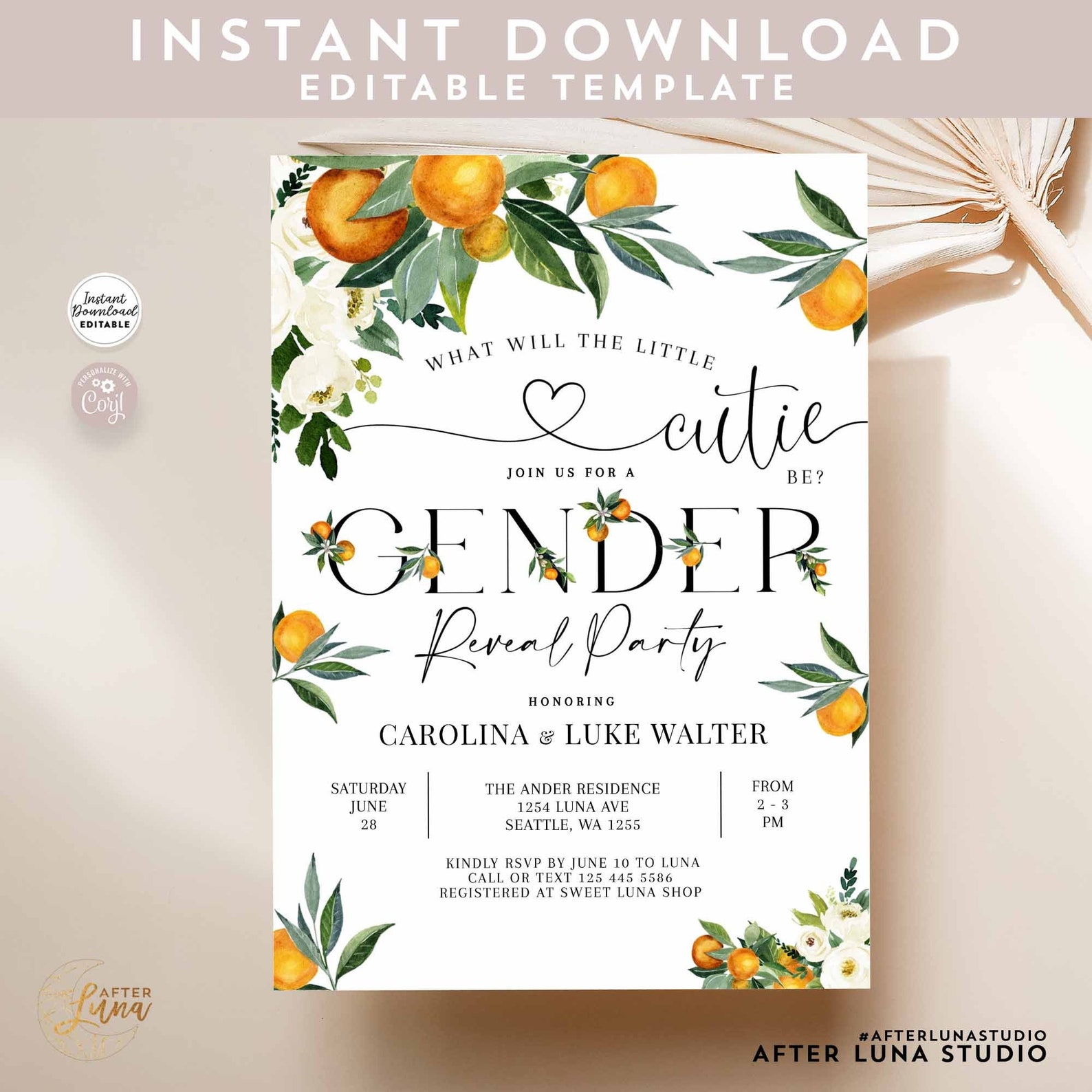 Editable Orange Gender Reveal Party Invitation A Little Cutie is on the ...