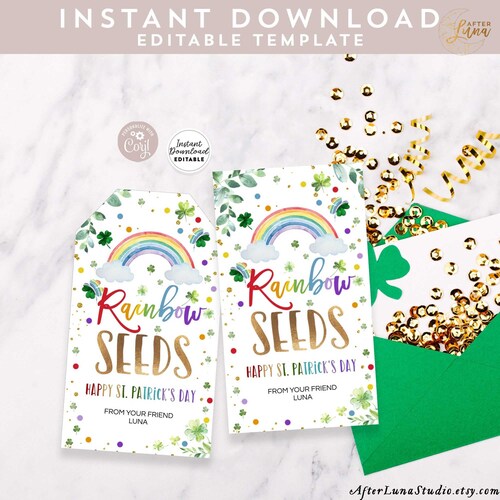 Editable St. Patrick's Day Pot of Gold Rainbow Gift Tag - Etsy