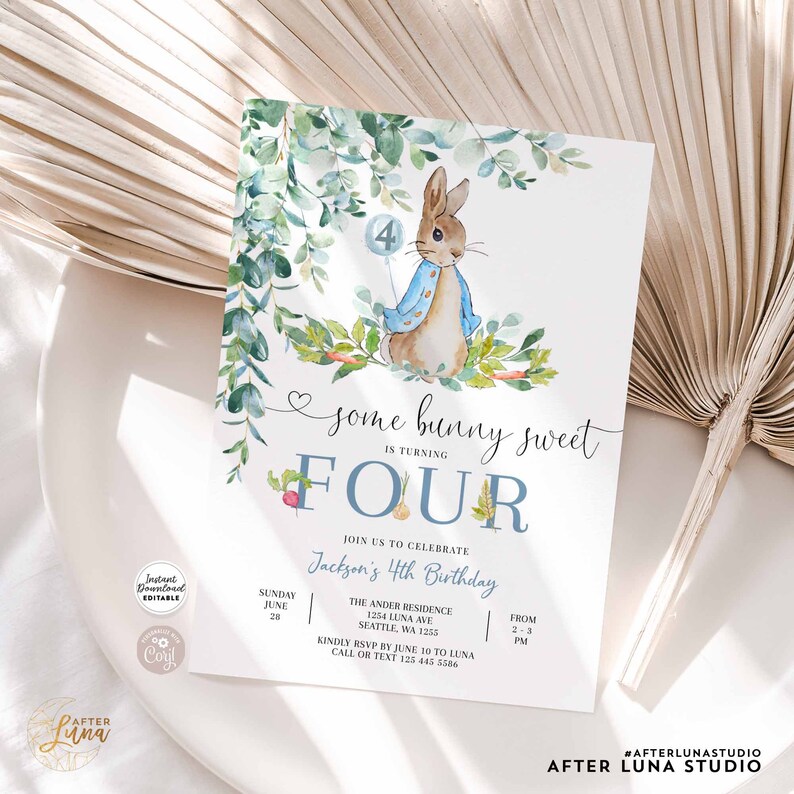 Editable Peter Rabbit 4th Birthday Invitation Boy Bunny Peter Rabbit ...