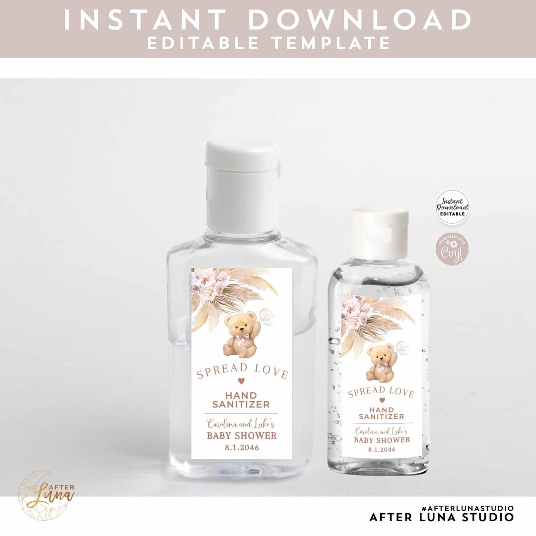 Editable Rosa Pampas Hierba Teddy Bear Desinfectante de manos Etiqueta ...