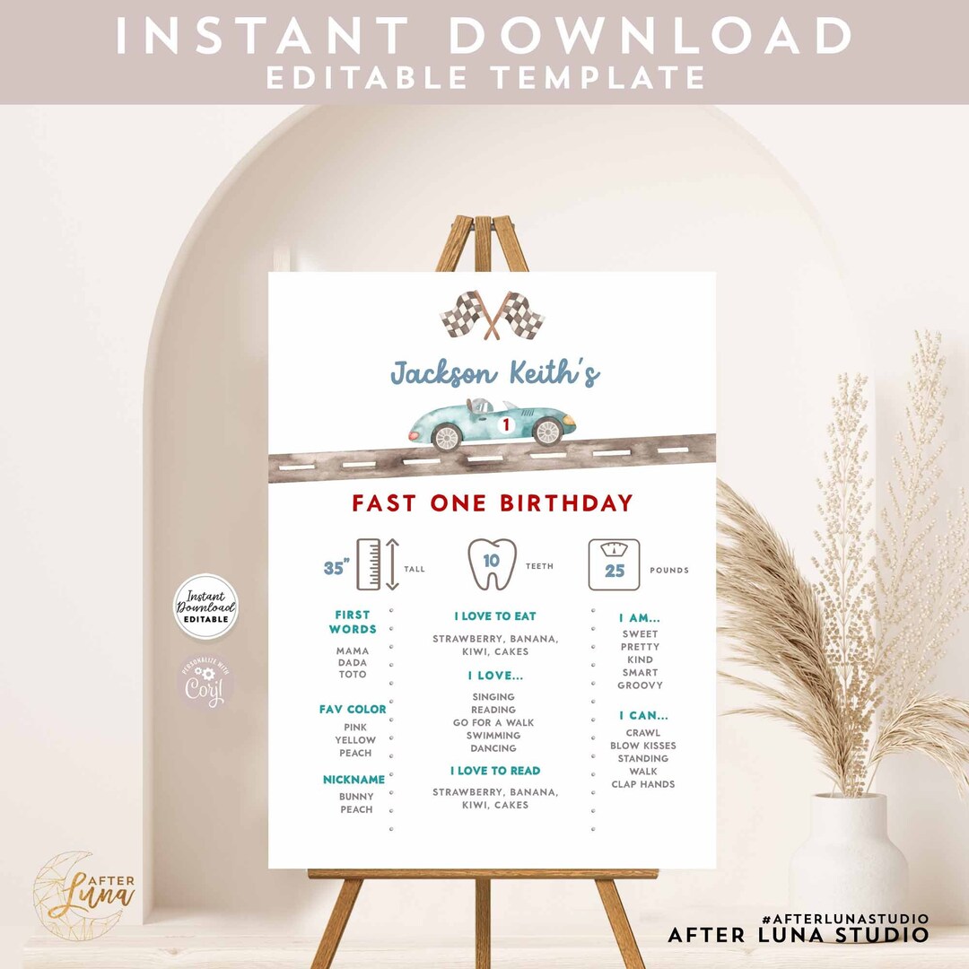 Editable Boy Fast Race Car Fast One Racing Birthday 1st Birthday ...