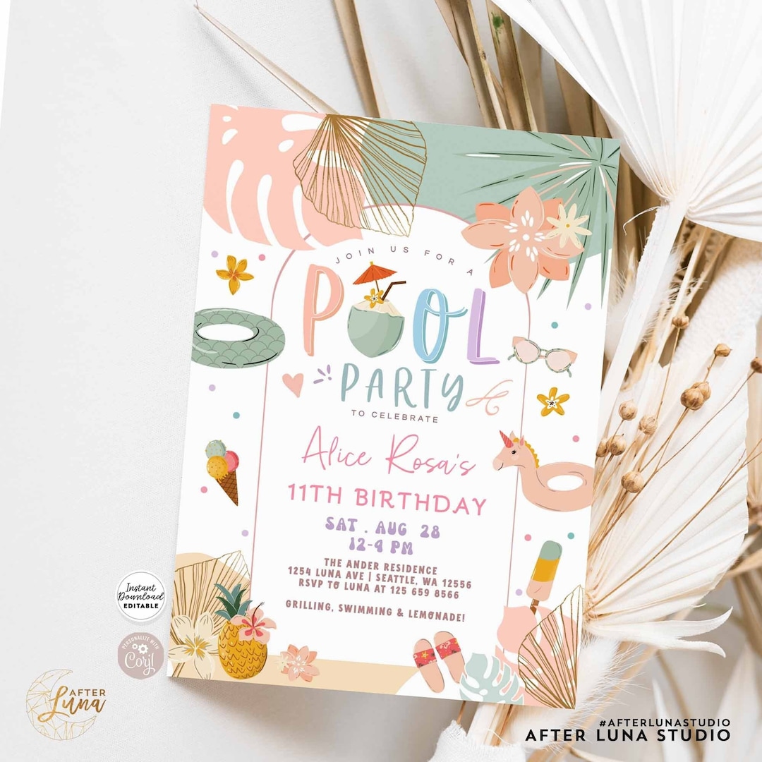 Editable ANY AGE Girl Tropical Pool Party Birthday Invitation Modern ...