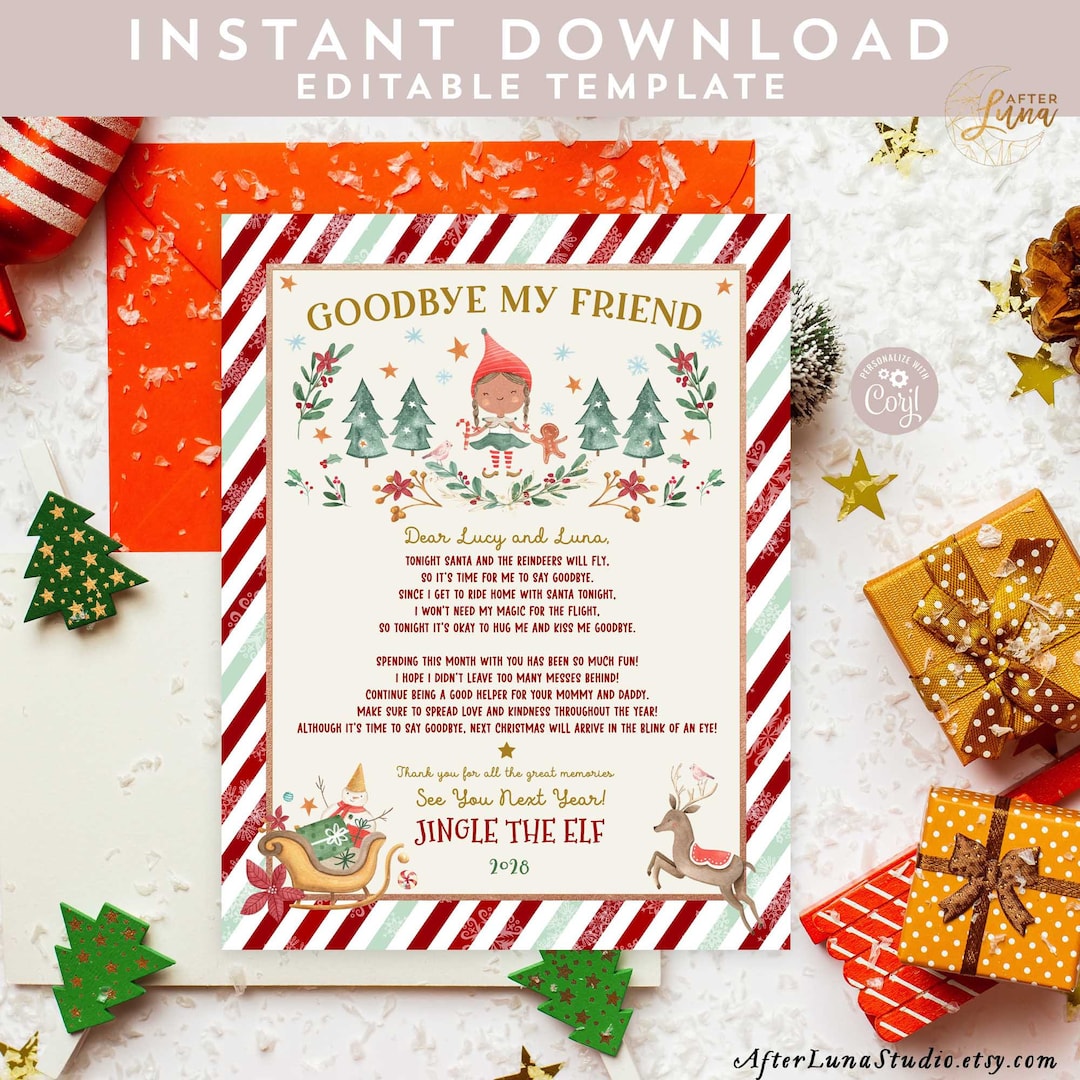 EDITABLE Girl Elf Goodbye Letter From Elf Bye for Now Red Mint Letter ...