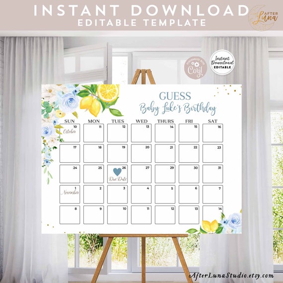 Editable Blue Floral Lemon Due Date Calendar Sign 18x24 | Etsy