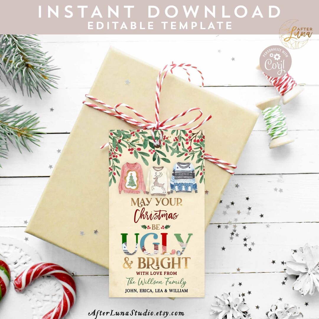 Editable 3x2.5 Ugly Sweater Gift Tag Printable Personalized Christmas ...