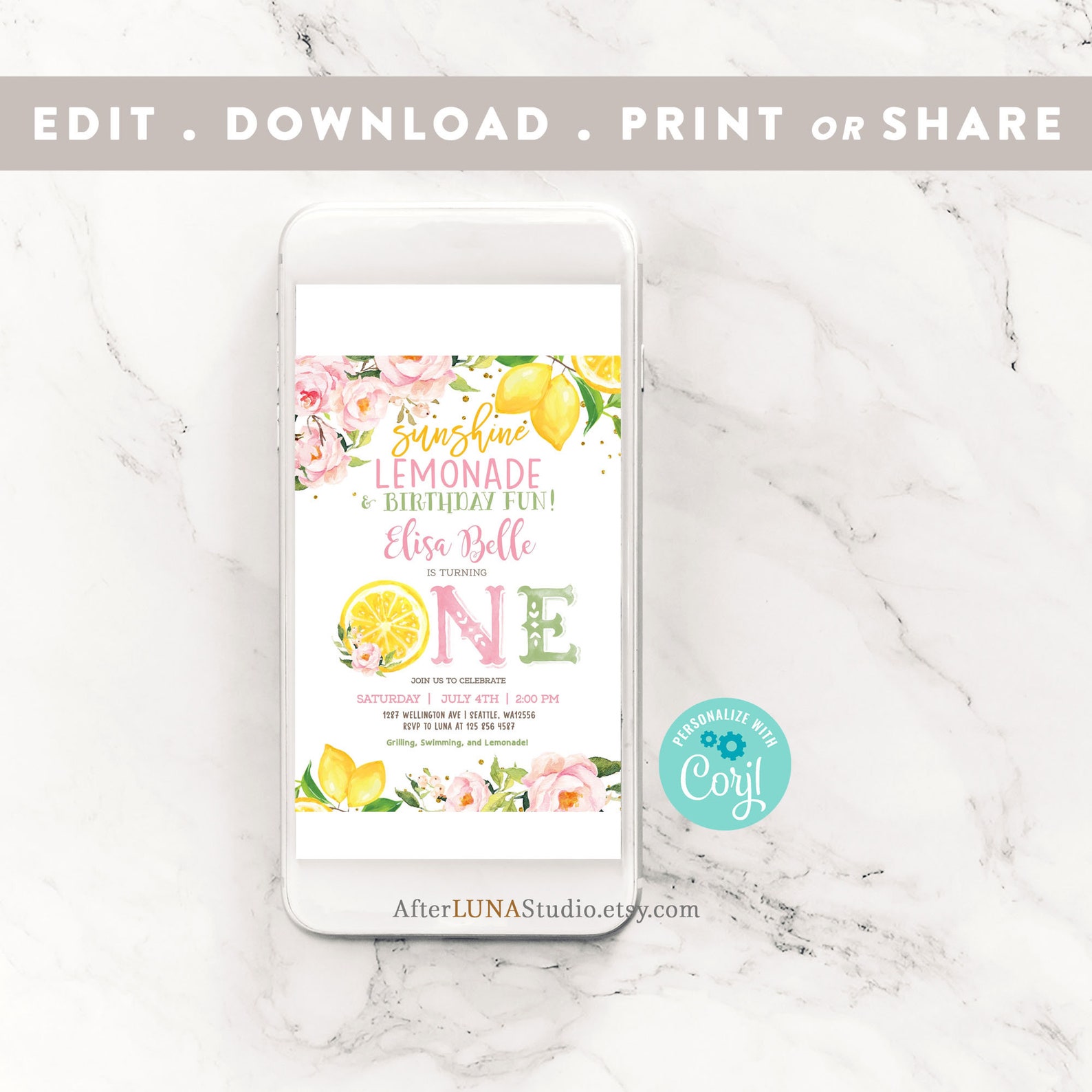 Editable Lemonade First Birthday Invitation Pink Lemon - Etsy