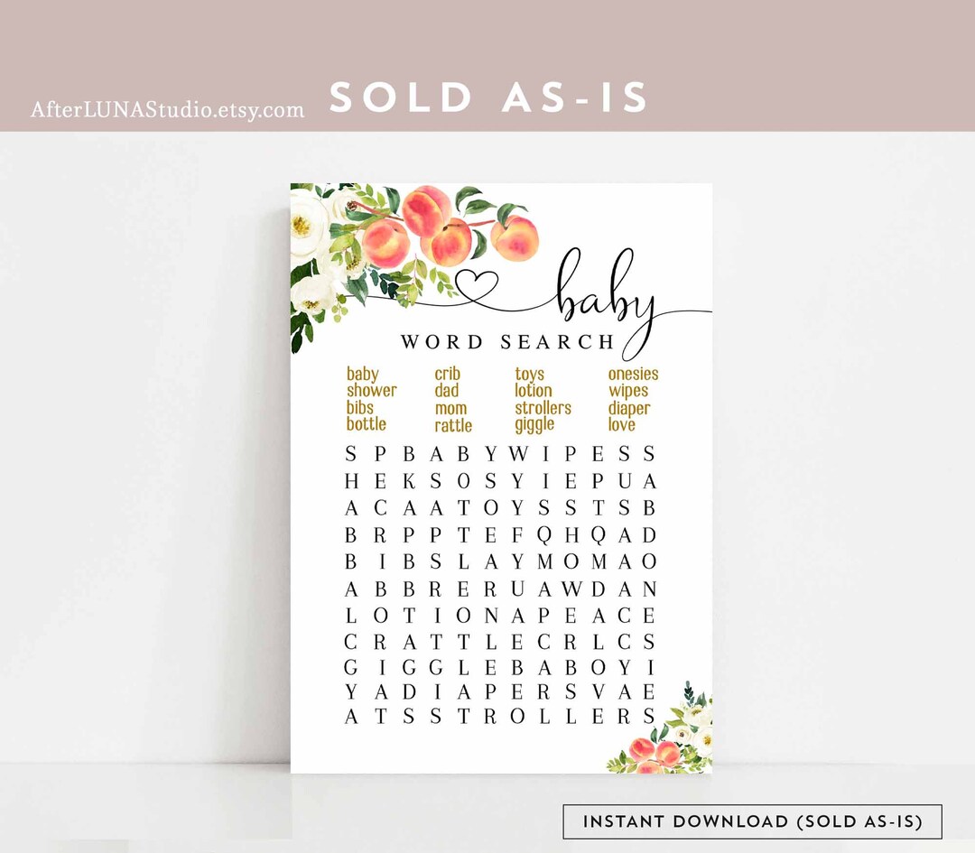 White Floral Peach Baby Word Search Game Cards Sweet Peach on the Way ...