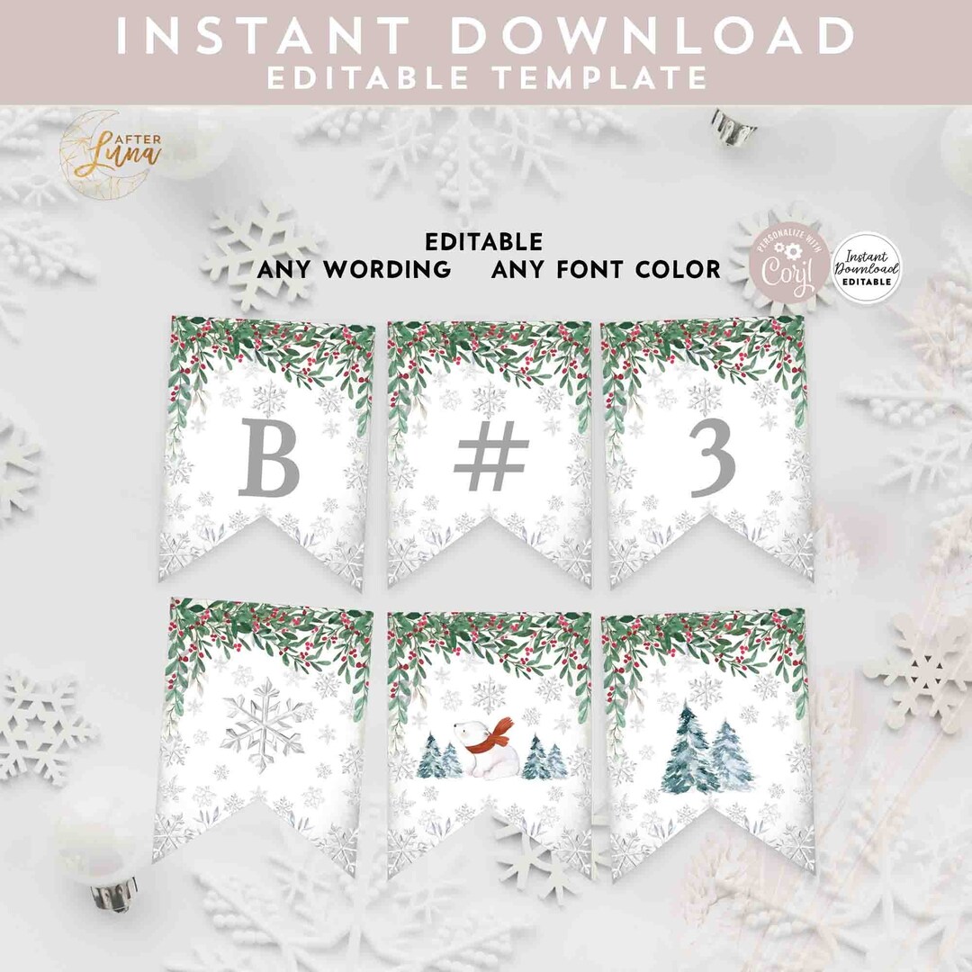 Editable ANY WORDING Winter Christmas Polar Bear Pennant Banner Baby ...