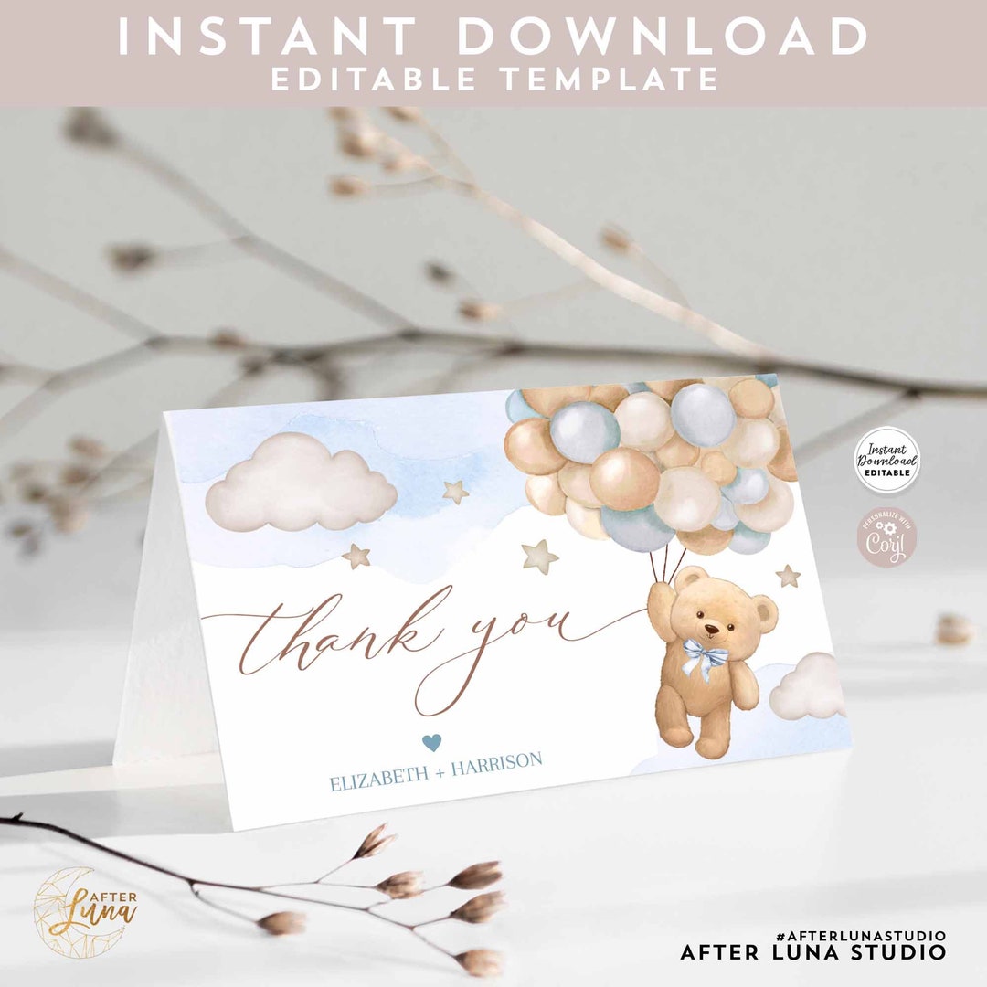 Editable Teddy Bear Hot Air Balloon Bear Folded Thank You Card Baby ...