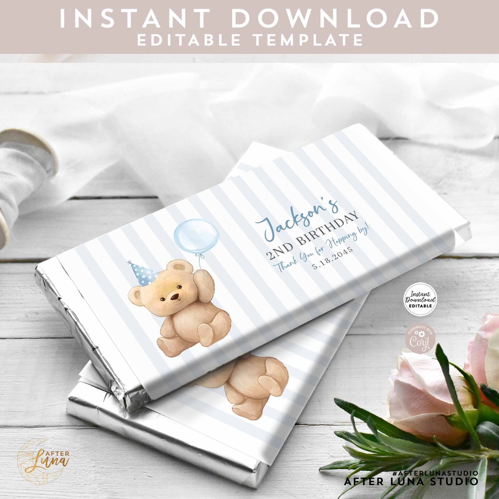 Editable Blue Boho Chocolate Bar Boy Teddy Bear Boho Wrapper Baby ...