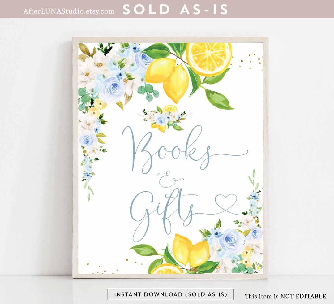 Digital Blue Floral Lemon Books and Gifts Sign Decoration Printable ...
