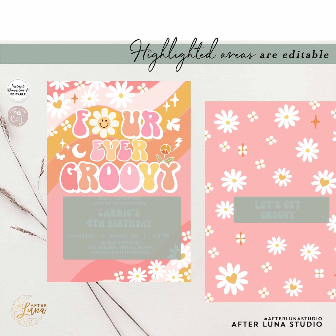 Editable 4th FOUR Ever Groovy Birthday Invite Pink Peach - Etsy