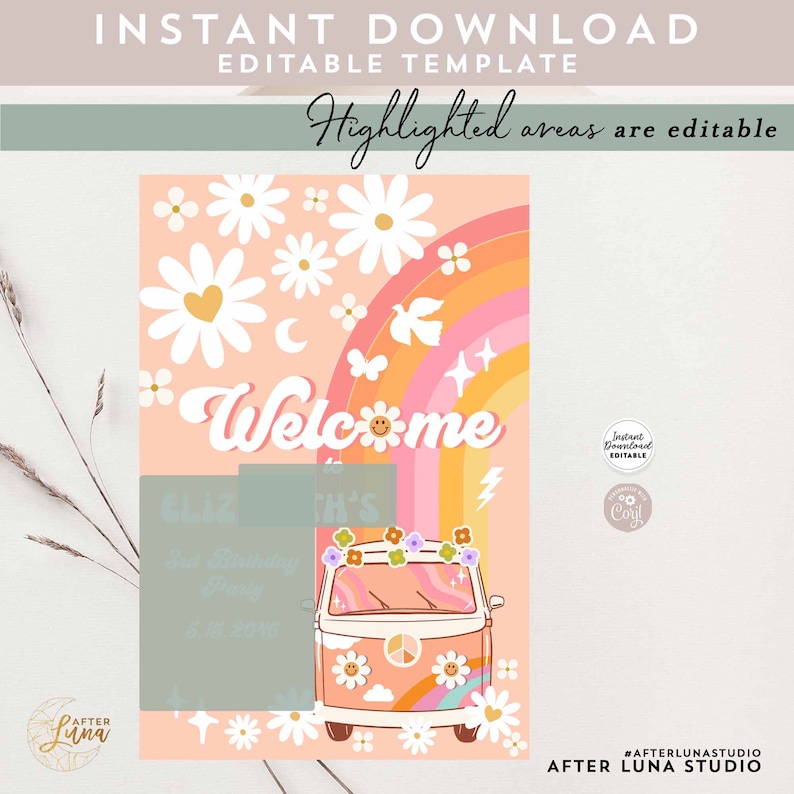 Editable Groovy Girl Pink Peach Van Party Decor Welcome Sign Daisy ...