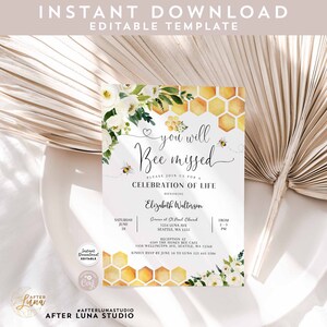 Editable Bee Funeral Invitation Bumble Honey Bee Celebration of Life ...