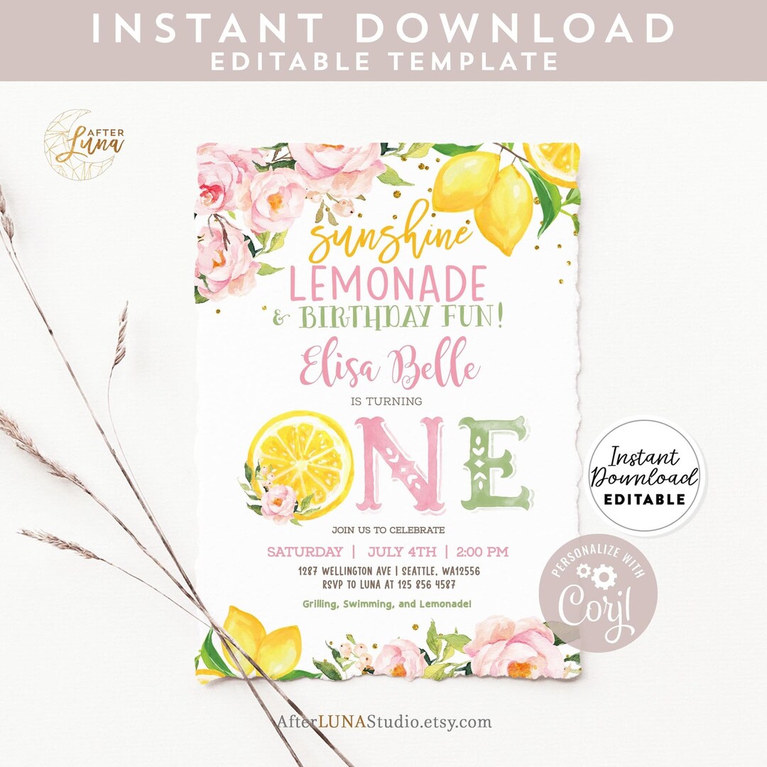 Editable Lemonade First Birthday Invitation Pink Lemon Birthday ...