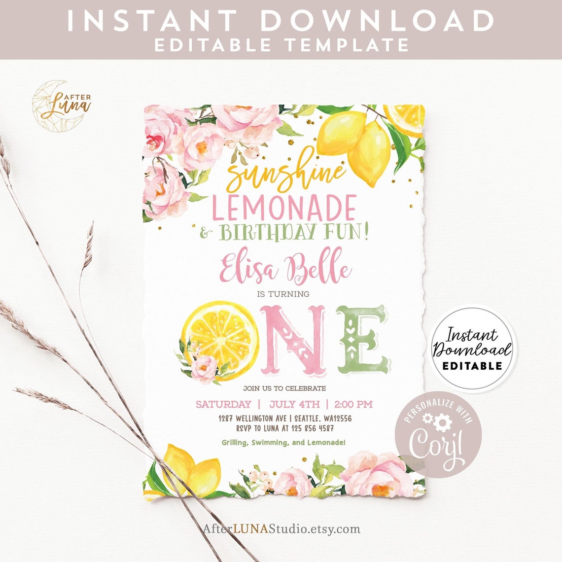 Editable Lemonade First Birthday Invitation Pink Lemon - Etsy