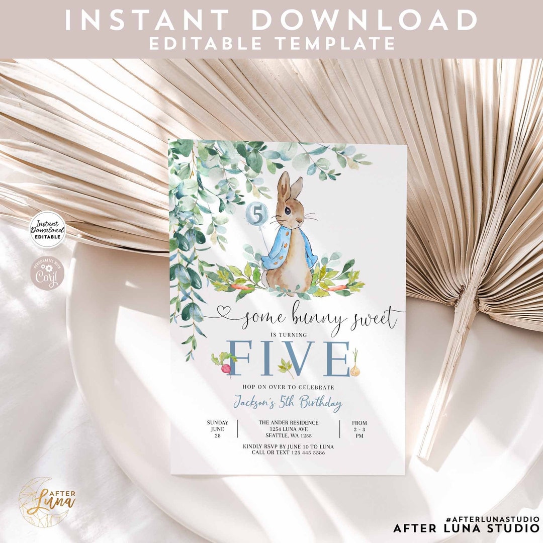 Editable Peter Rabbit 5th Birthday Invitation Boy Bunny Peter Rabbit ...