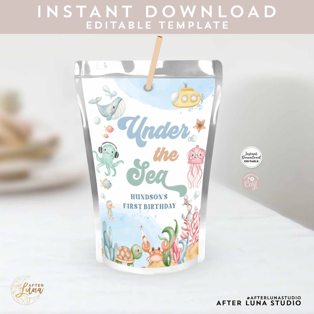 Editable Boy Under the Sea Cute Whale Sea Creatures Turtle Capri Sun ...