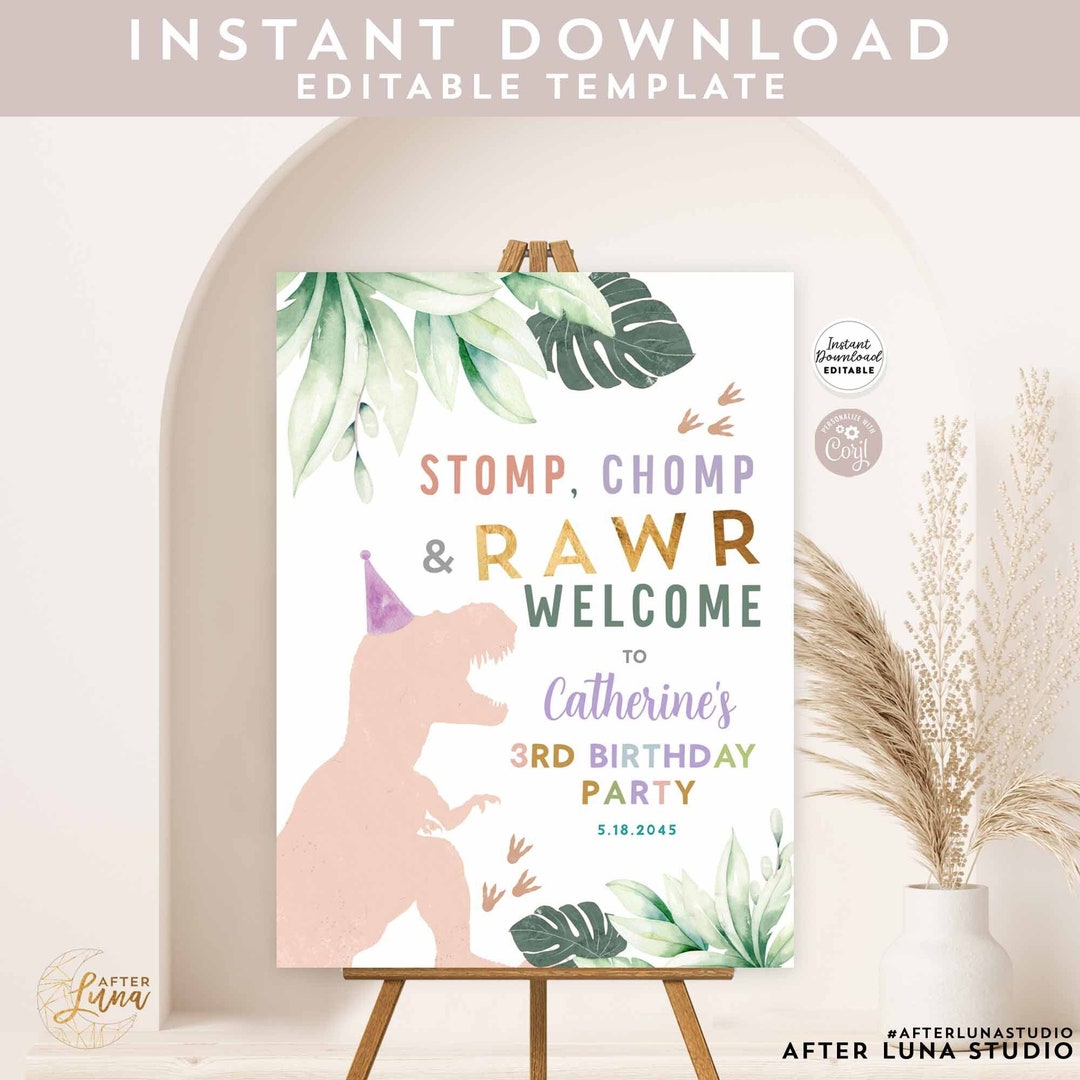 Editable T Rex Two Three Rex Birthday Party Welcome Sign Dino Birthday ...