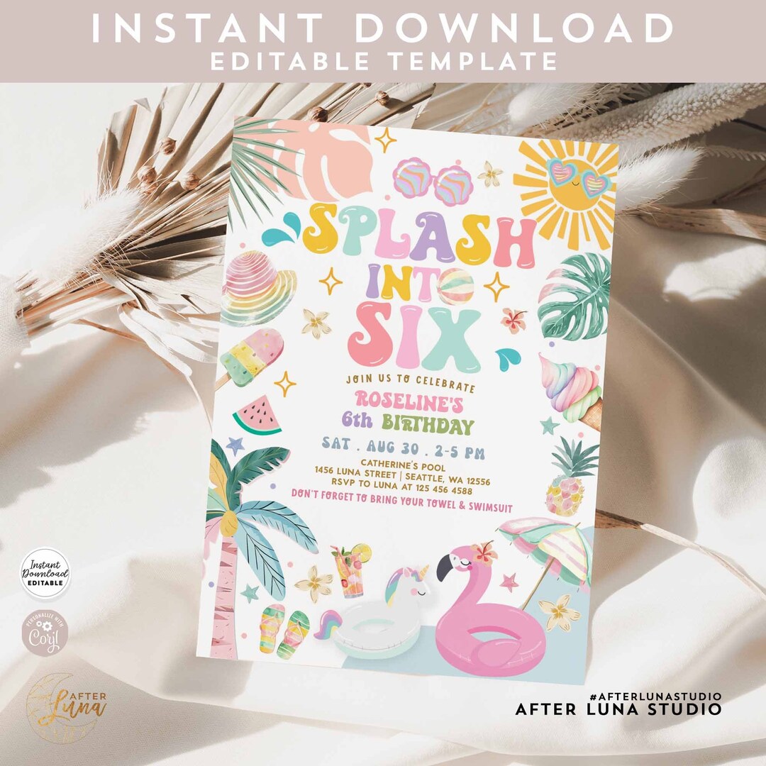 Editable Girl Tropical Splash Into SIX 6th Birthday Beach Party ...