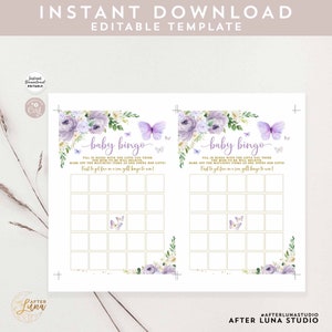 Editable Purple Gold Butterfly Baby Bingo Game Printable Virtual Baby ...