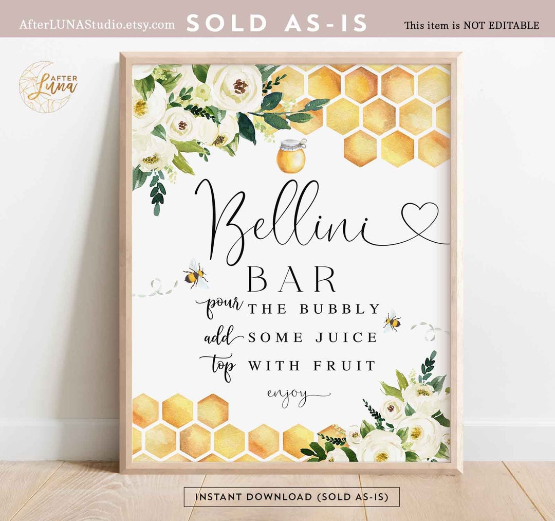 Bee Bellini Bar Sign Rustic Honey Bumble Bee Bridal to Bee Meant to Bee ...