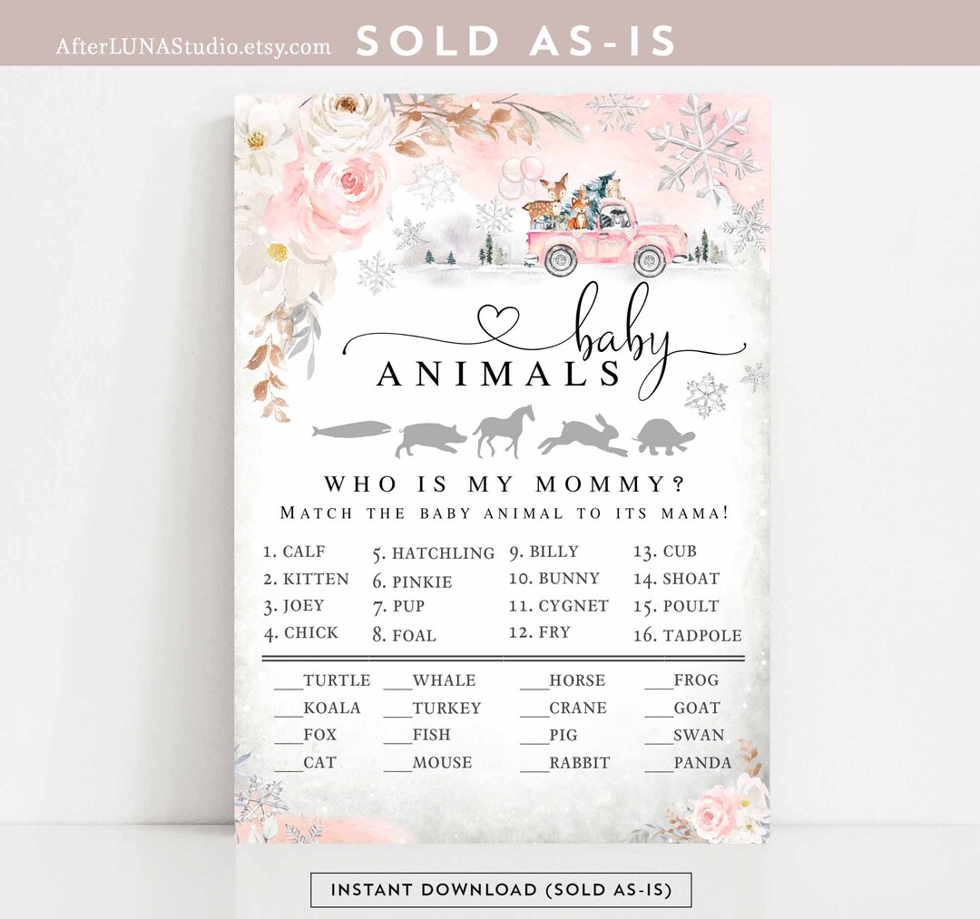 Winter Woodland Pink Truck Baby Shower Game Baby Animals Game Printable ...