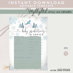 Editable Winter Blue Snowflake Boy Polar Bear Baby Predictions and ...