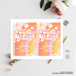 Editable TWO Groovy Birthday Invite Bright Pink Peach Two Groovy ...