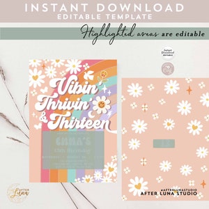 Editable Groovy 13th Birthday Invite Daisy Rainbow Vibin' Thrivin' and ...