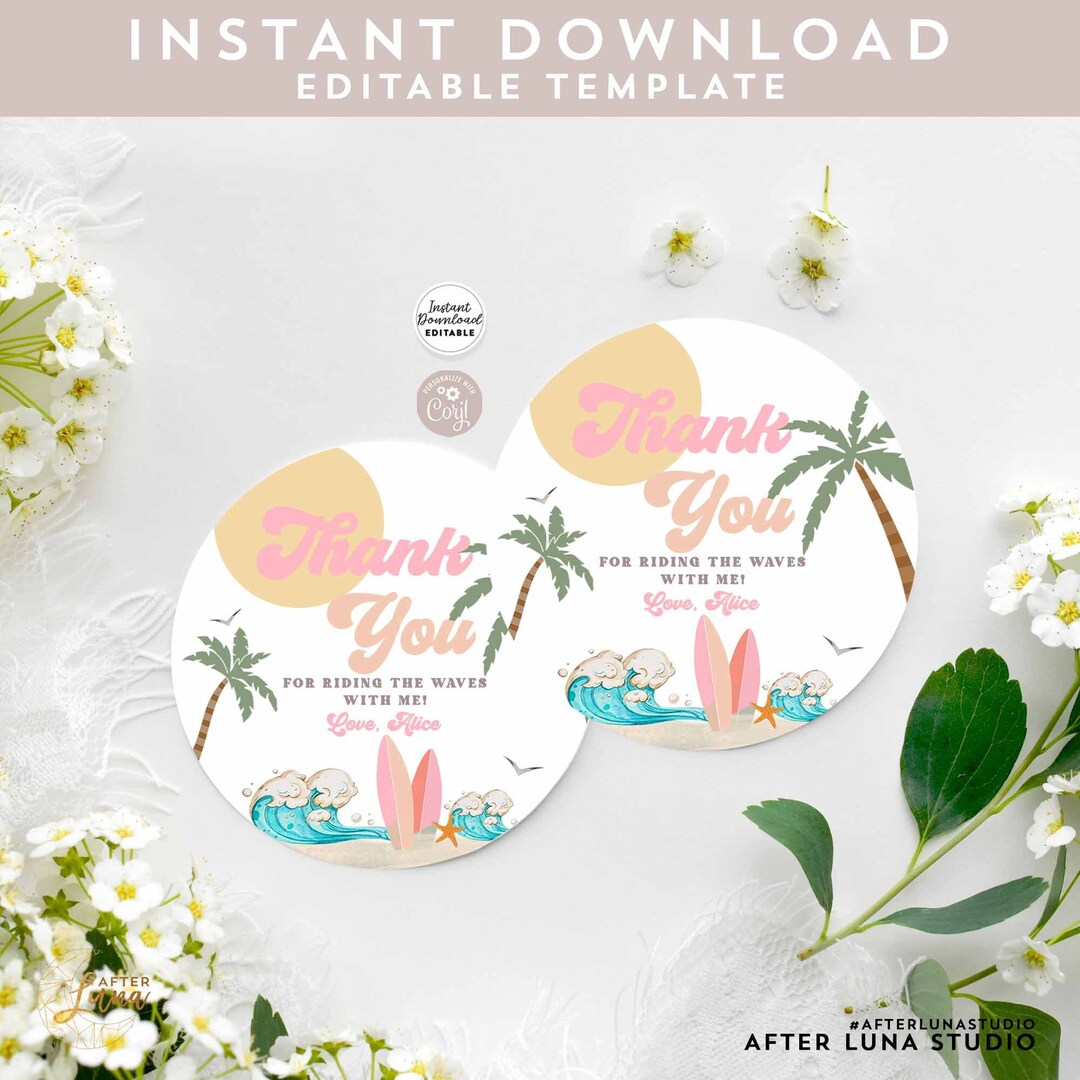 Editable Pink Peach Surfboard ROUND Tag the Big One Surf up Beach ...