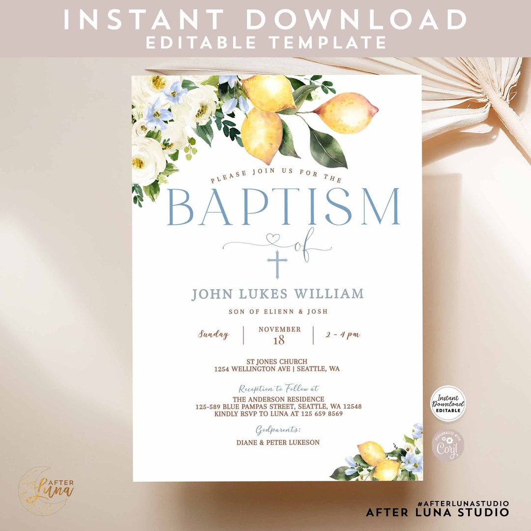 EDITABLE Lemon Blue Floral Baptism Invitation Boho Boy Baptism Invite ...