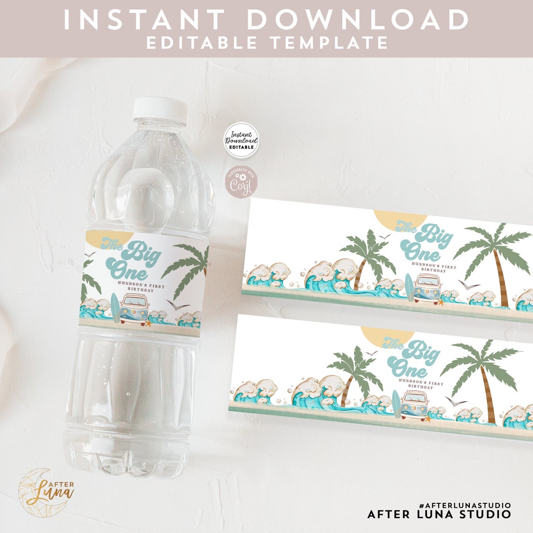 Editable Surf Water Bottle Label Boy the Big One Surf up Beach Birthday ...