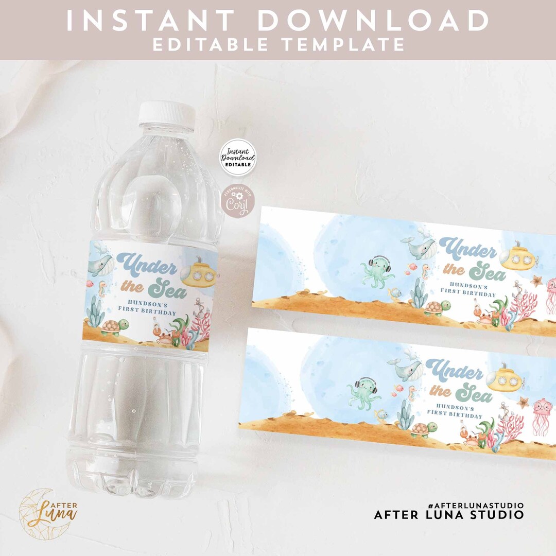 Editable Under the Sea Birthday Party Water Bottle Label Sea Creatures ...