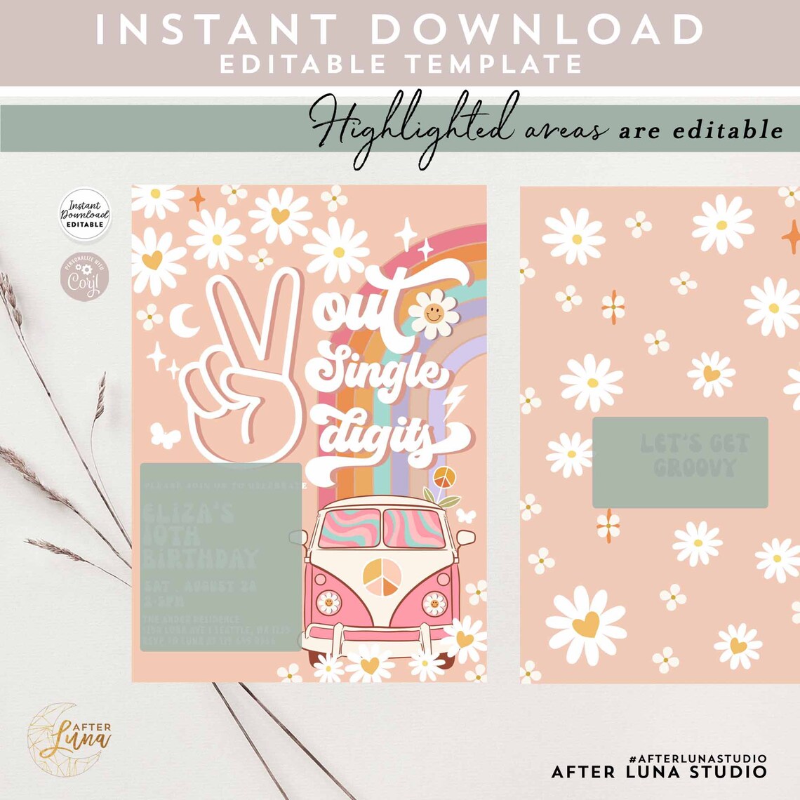 Editable Rainbow Peace Out Single Digits Groovy 10th Birthday | Etsy