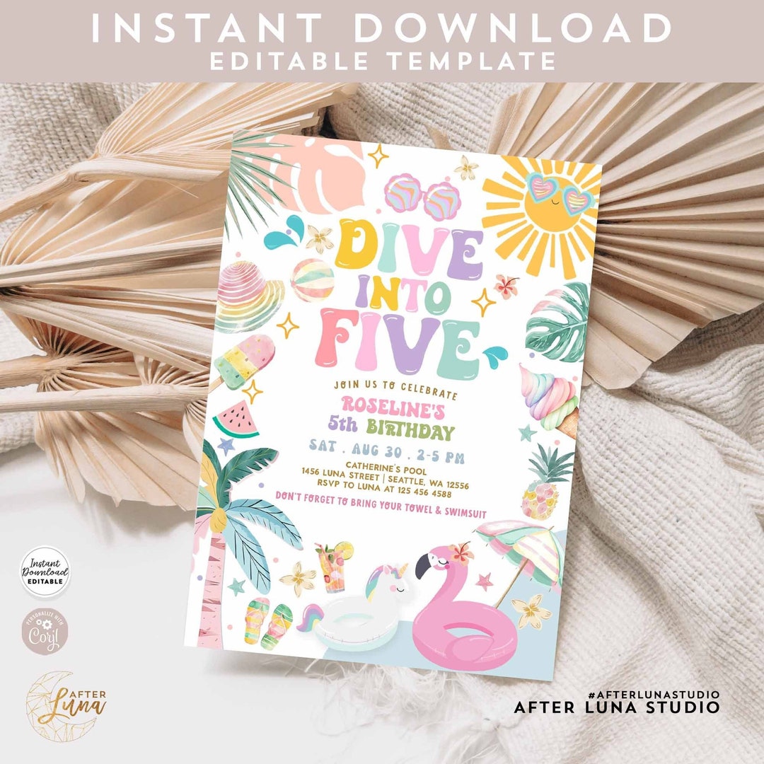 Tropical Dive Into Five 5th Birthday Invitation: Beach Pool Party ...