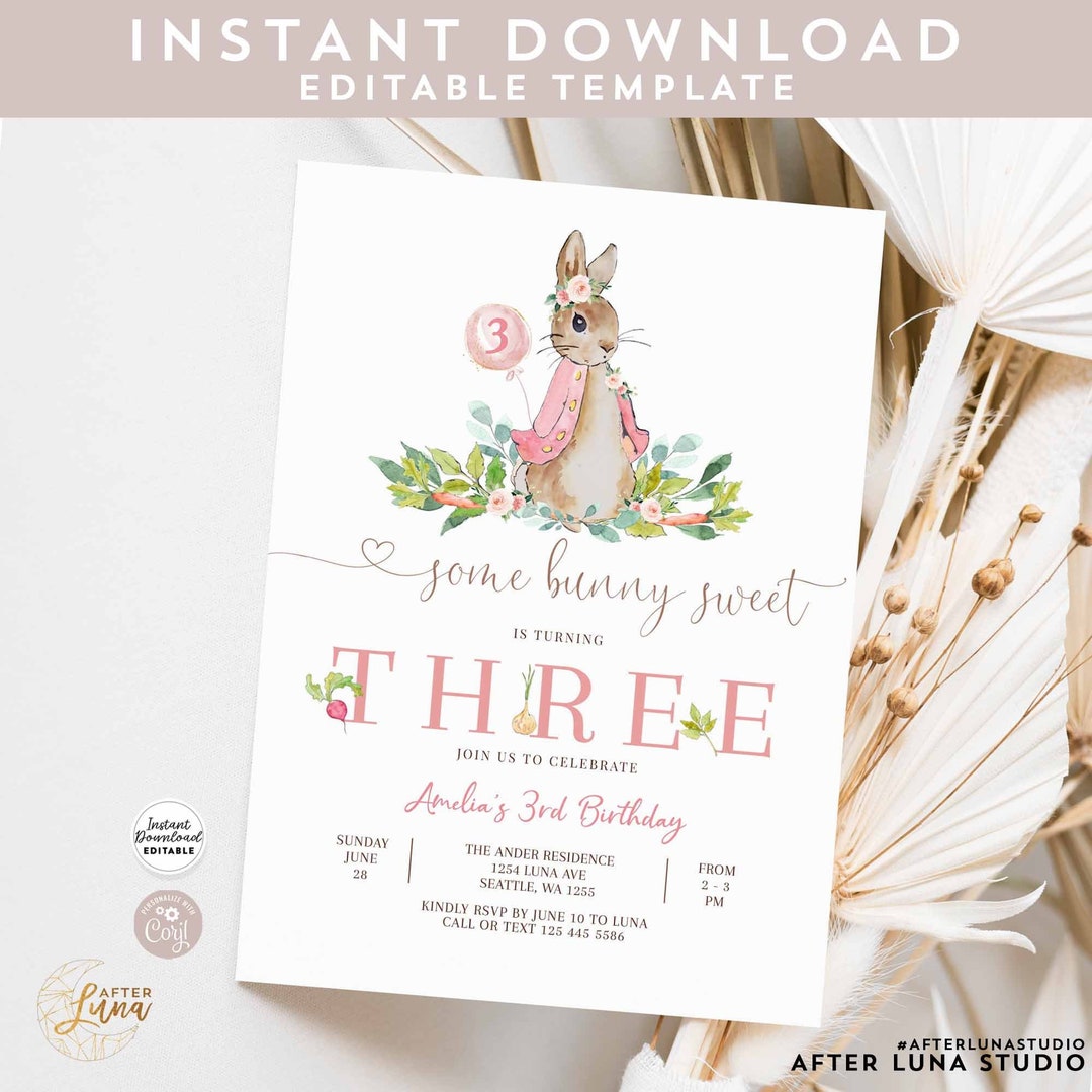 Editable 3rd Flopsy Bunny Pink Peter Rabbit Birthday Invitation Easter ...