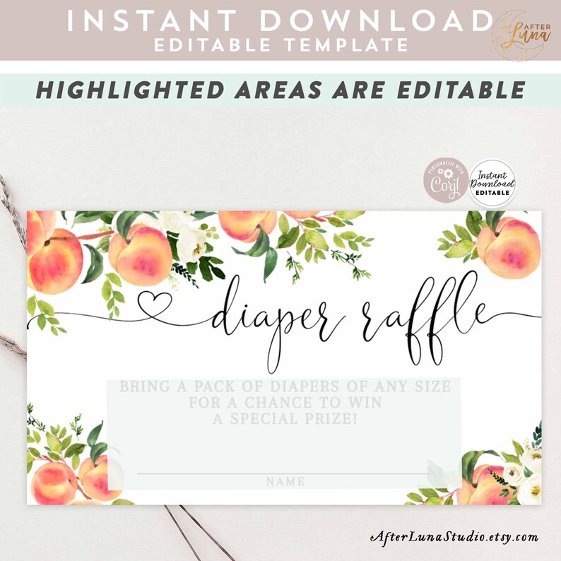 Editable Little Peach Baby Shower Diaper Raffle Ticket White Floral ...