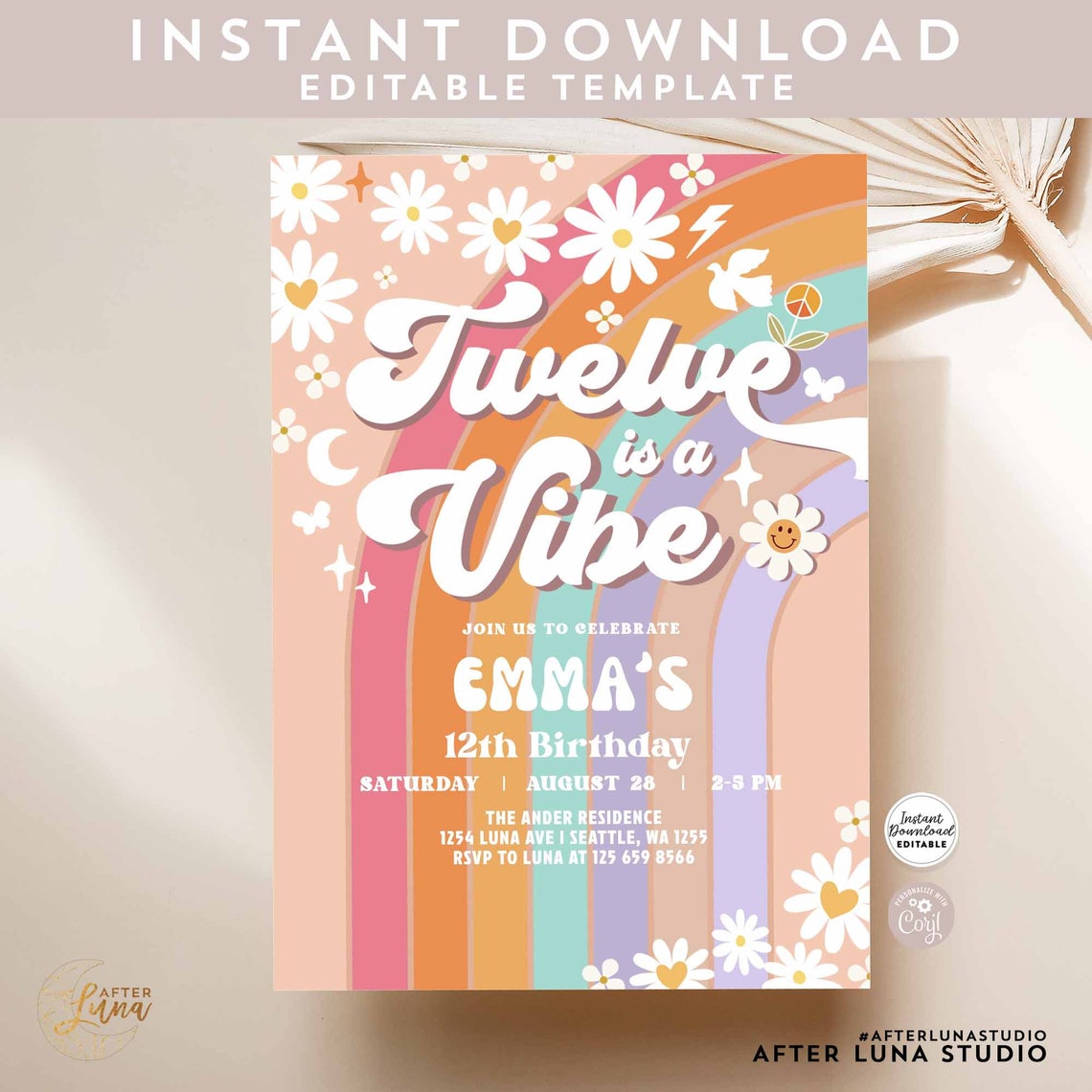 Editable 12th Groovy Birthday Invite Twelve is a Vibe Daisy - Etsy