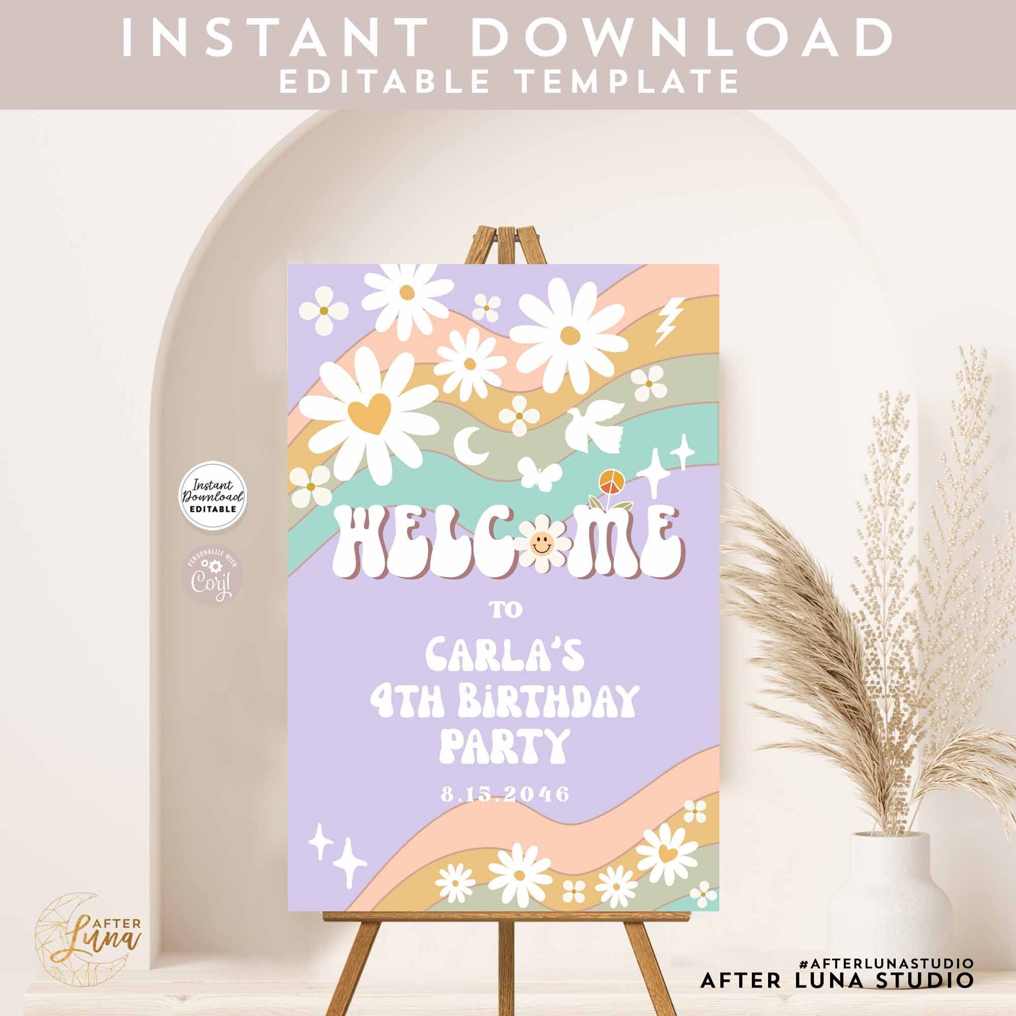 Editable ANY AGE Purple Pink Mint Groovy Party Decor Welcome Sign Daisy ...