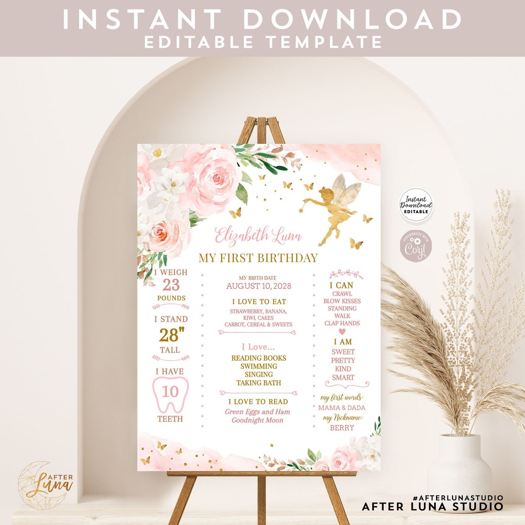 Editable Blush Pink Fairy Birthday Milestone Poster Template Birthday ...