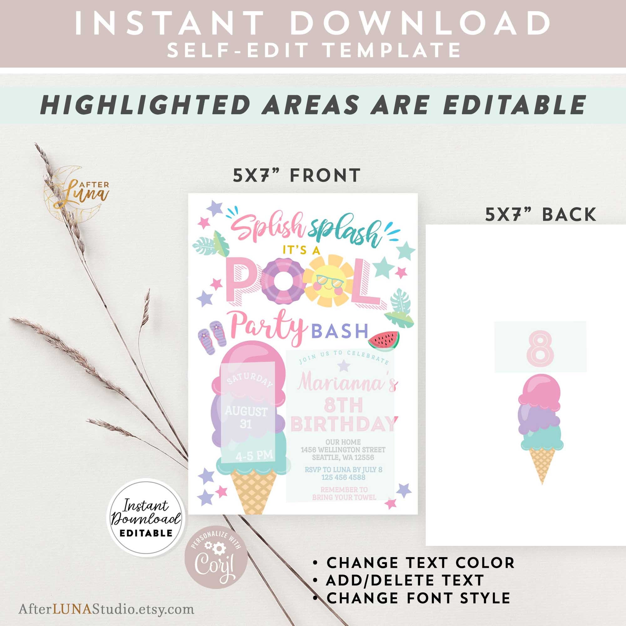 Editable Pool Party Invitation Girl Ice Cream Pool Party Invite Pool ...