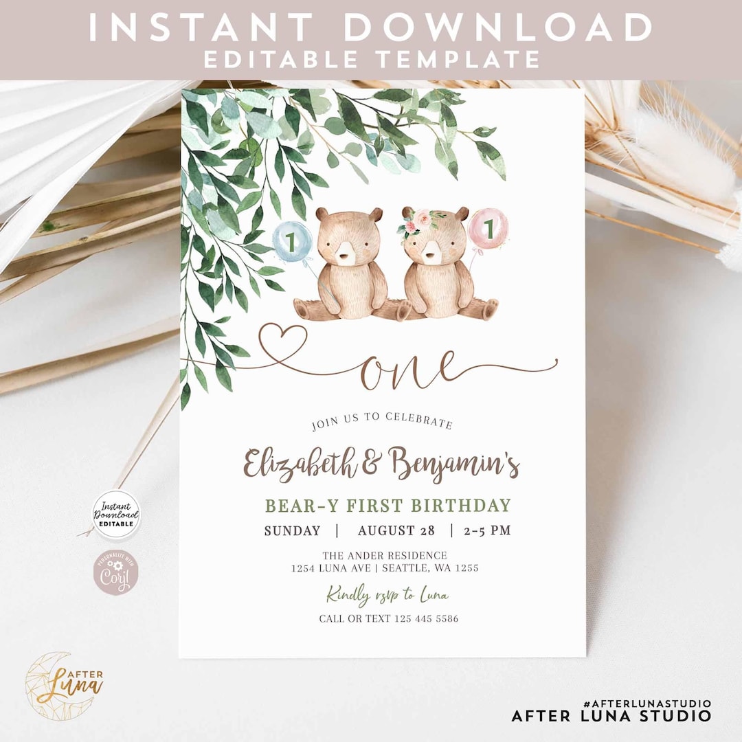 Editable Twin Greenery Beary First 1st Birthday Teddy Bear Birthday ...