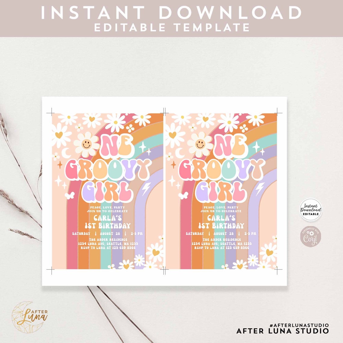 Editable One Groovy Girl Invite Daisy Rainbow Groovy 1st - Etsy