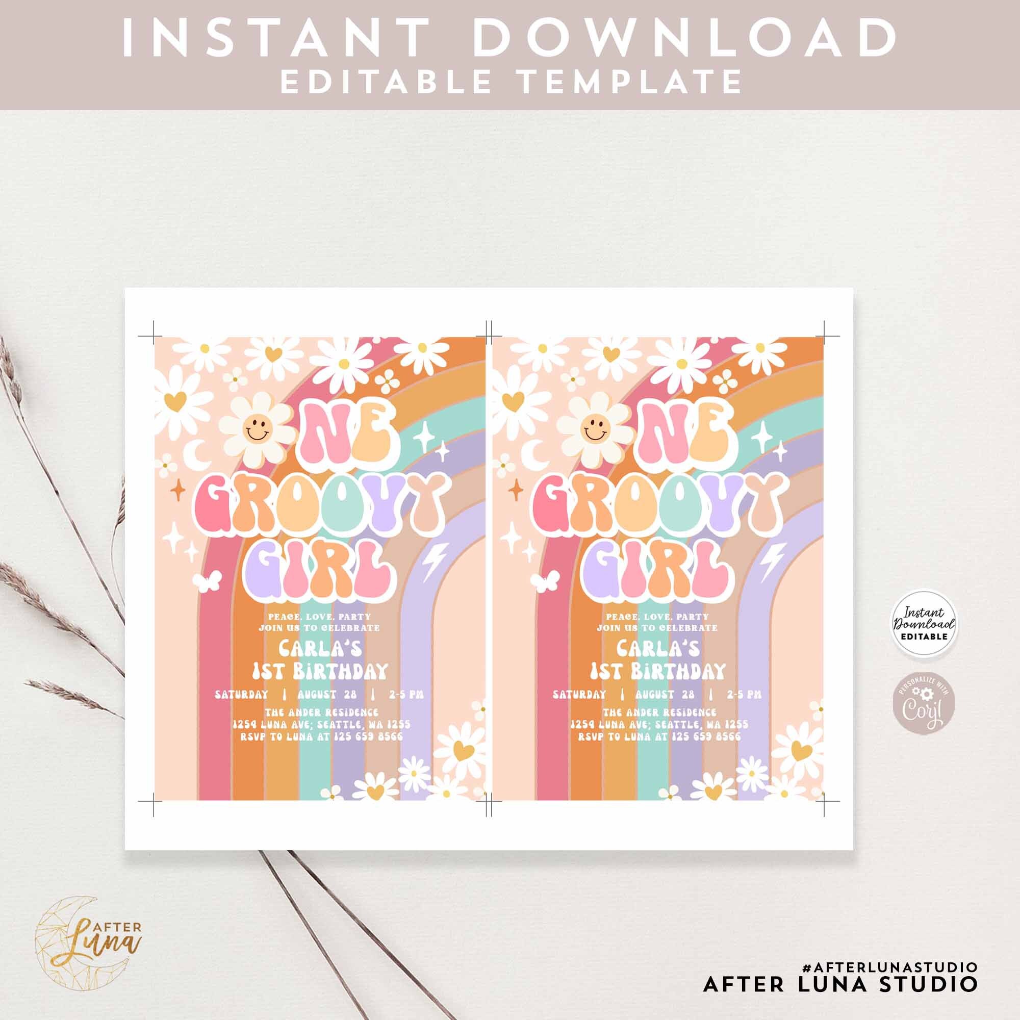Editable One Groovy Girl Invite Daisy Rainbow Groovy 1st Birthday ...