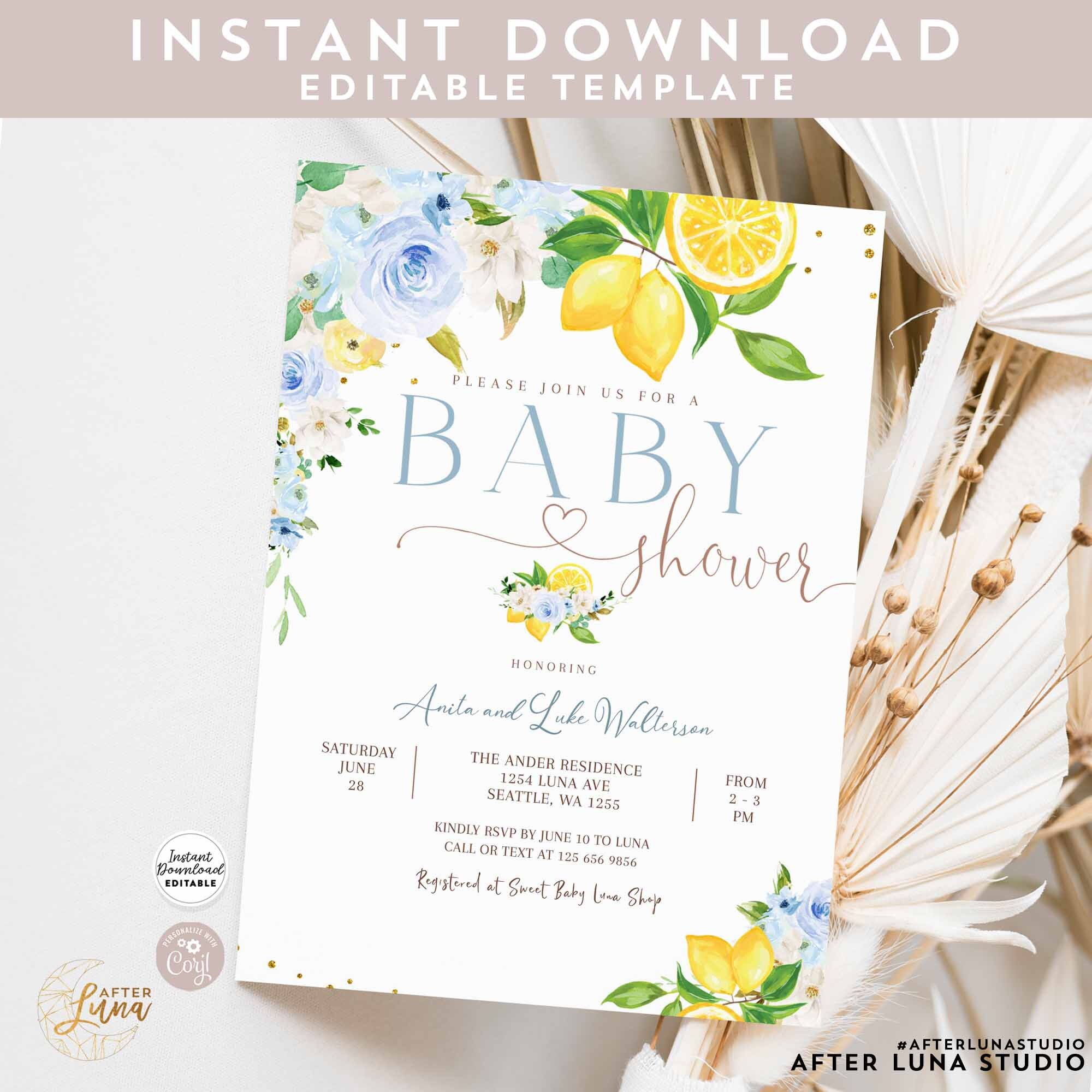 Editable Lemon Baby Shower Invitation Boy Baby Blue Citrus - Etsy