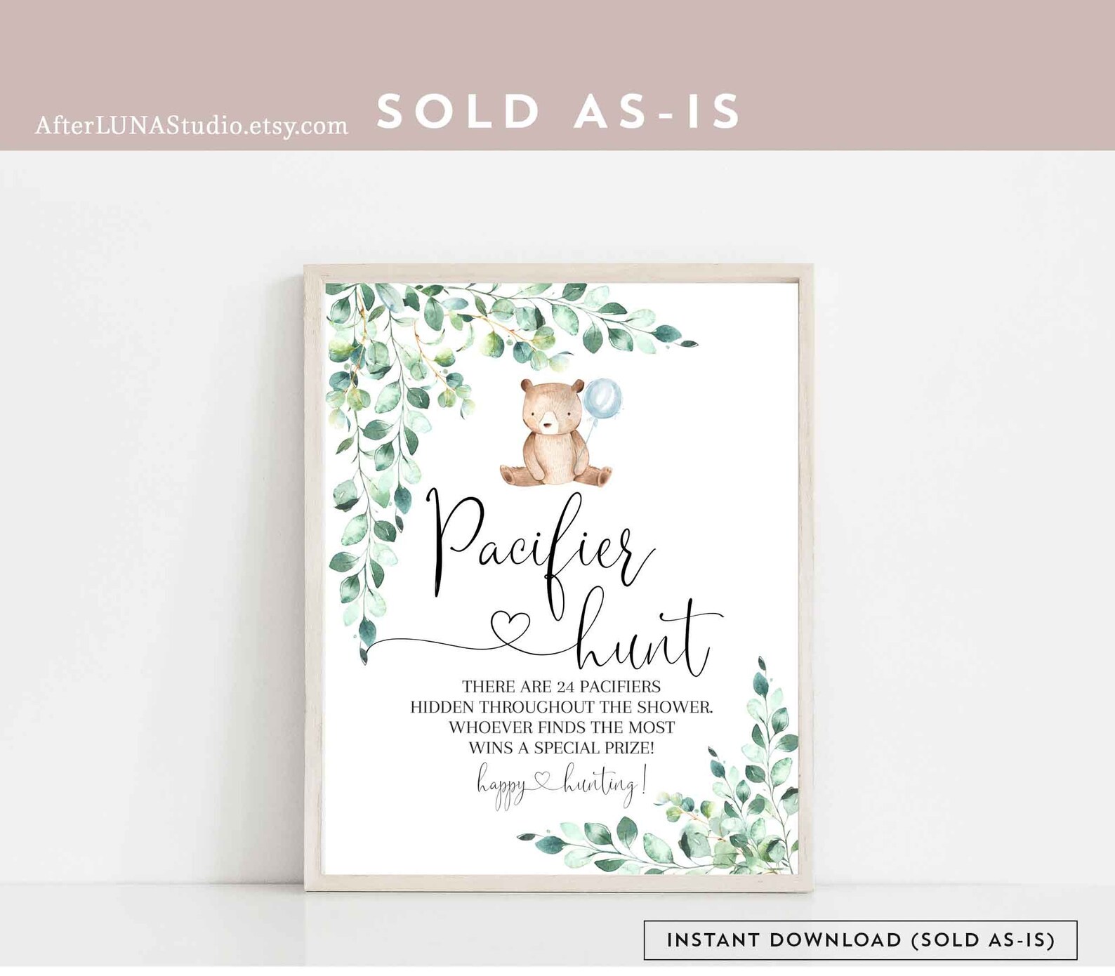 Greenery Boy Teddy Bear Blue Balloon Pacifier Hunt Game Sign | Etsy